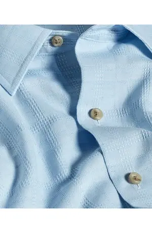 David Donahue Geometric Embroidered Short Sleeve Cotton & Linen Button-up Shirt