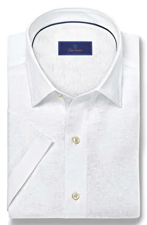 David Donahue Paisley Print Short Sleeve Linen & Cotton Button-up Shirt - White