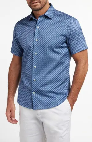 David Donahue Neat Print Short Sleeve Cotton Button-up Shirt - Navy