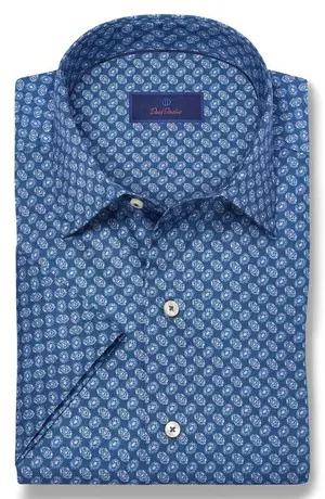 David Donahue Neat Print Short Sleeve Cotton Button-up Shirt - Navy