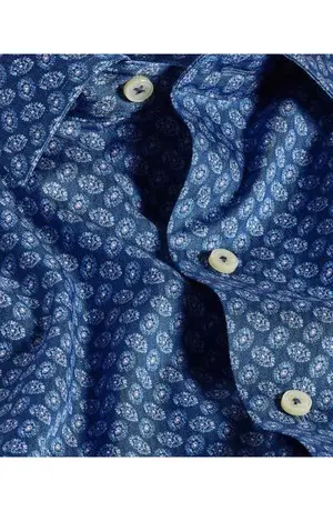 David Donahue Neat Print Short Sleeve Cotton Button-up Shirt - Navy