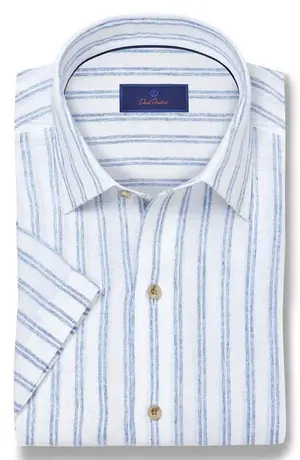 David Donahue Stripe Short Sleeve Slub Linen Button-up Shirt - White/blue