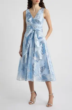 Eliza J Metallic Jacquard Wrap Bodice Cocktail Dress