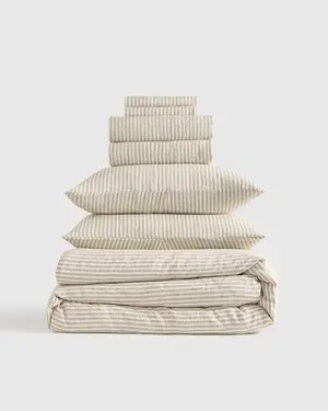 Quince Linen Duvet Deluxe Bundle Willowleaf/white Stripe
