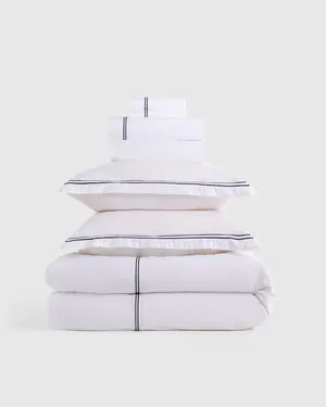 Quince European Linen Piped Deluxe Bedding Bundle - White/navy