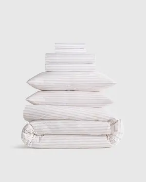 Quince European Linen Piped Deluxe Bedding Bundle White/toffee