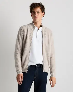 Quince Mongolian Cashmere Fisherman Full Zip Sweater - Heather Cloud Beige