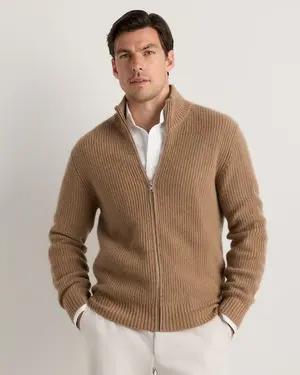 Quince Mongolian Cashmere Fisherman Full Zip Sweater - Teak