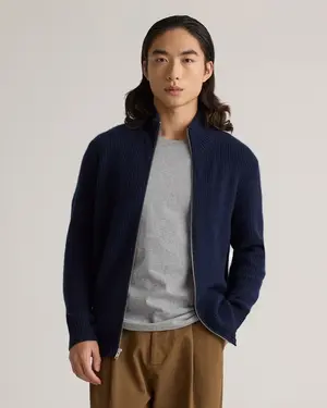 Quince Mongolian Cashmere Fisherman Full Zip Sweater - True Navy
