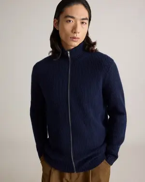 Quince Mongolian Cashmere Fisherman Full Zip Sweater - True Navy