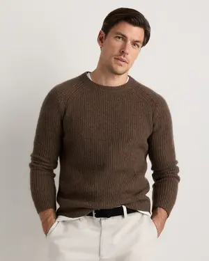 Quince Mongolian Cashmere Fisherman Crewneck Sweater - Brown