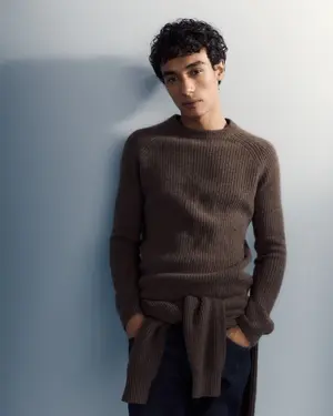 Quince Mongolian Cashmere Fisherman Crewneck Sweater - Brown