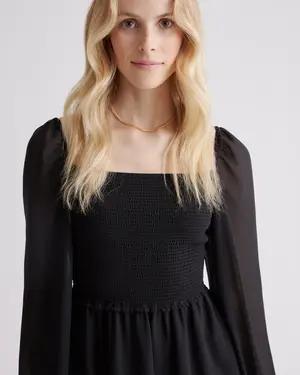 Quince Chiffon Smocked Mini Dress - Black