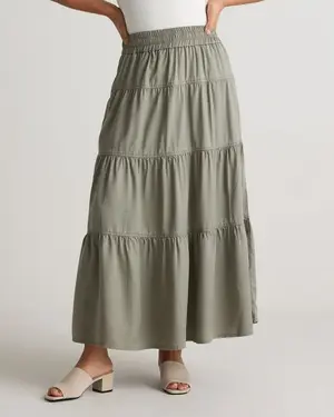 Quince Vintage Wash Tencel Tiered Maxi Skirt - Olive