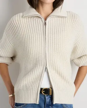 Quince Australian Merino Wool Full Zip Sweater - Heather Bone