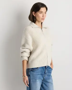Quince Australian Merino Wool Full Zip Sweater - Heather Bone