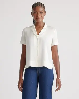 Quince Washable Stretch Silk Short Sleeve Blouse - Ivory
