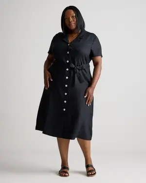 Quince 100% European Linen Button Front Midi Dress - Black
