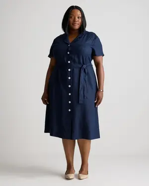 Quince 100% European Linen Button Front Midi Dress - Deep Navy