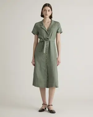 Quince 100% European Linen Button Front Midi Dress Light Cargo