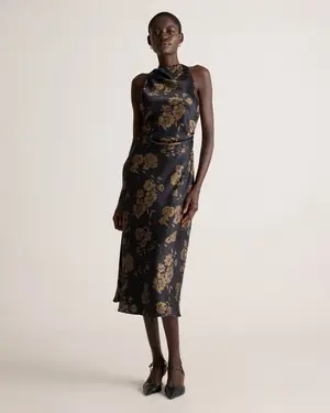 Quince Washable Stretch Silk High Neck Midi Dress - Caper Eclipse