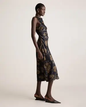 Quince Washable Stretch Silk High Neck Midi Dress - Caper Eclipse