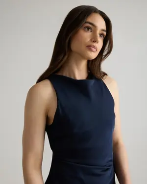 Quince Washable Stretch Silk High Neck Midi Dress - Navy