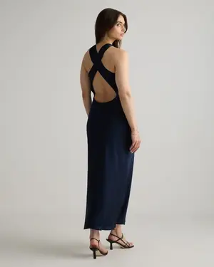 Quince Washable Stretch Silk High Neck Midi Dress - Navy