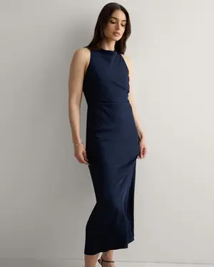 Quince Washable Stretch Silk High Neck Midi Dress - Navy