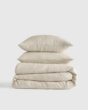 Quince European Linen Duvet Cover Set Willowleaf/white Stripe