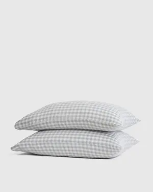 Quince European Linen Gingham Pillowcase Set Blue Fog