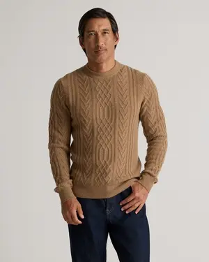 Quince Mongolian Cashmere Cable Crewneck Sweater - Teak