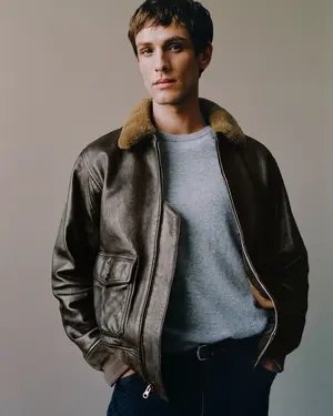 Quince Shearling Collar Leather Flight Jacket - Rich Brown