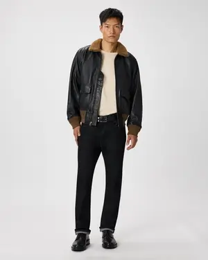 Quince Shearling Collar Leather Flight Jacket - True Black