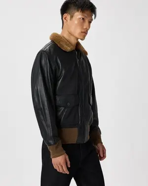 Quince Shearling Collar Leather Flight Jacket - True Black