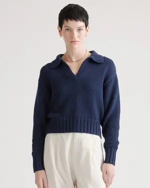 Quince Organic Cropped Cotton Polo Sweater - Navy