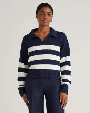 Quince Organic Cropped Cotton Polo Sweater - Navy/white