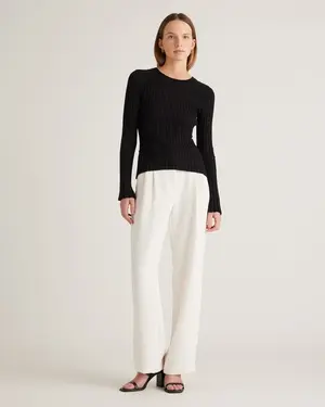 Quince Cotton Cashmere Ribbed Long Sleeve Sweater - Black