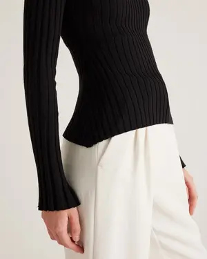 Quince Cotton Cashmere Ribbed Long Sleeve Sweater - Black