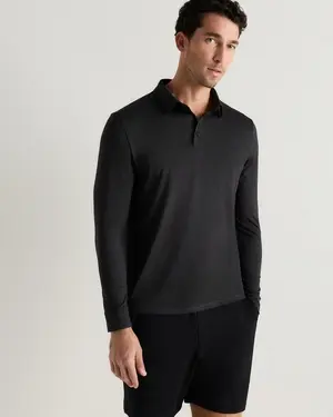 Quince Flowknit Breeze Performance Long Sleeve Polo - Heather Black