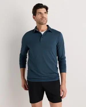 Quince Flowknit Breeze Performance Long Sleeve Polo - Heather Ocean Navy