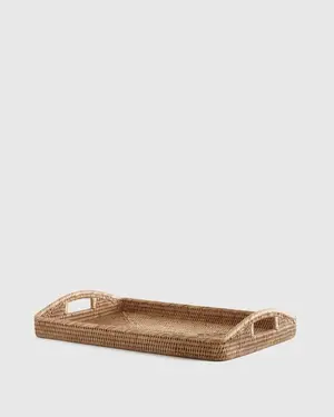 Quince Handwoven Rattan Rectangular Tray With High Handles - Honey