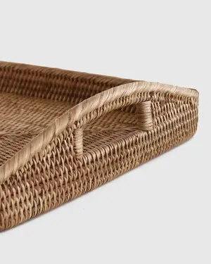 Quince Handwoven Rattan Rectangular Tray With High Handles - Honey
