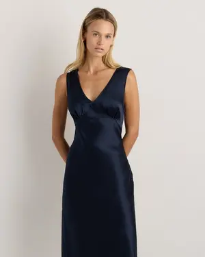 Quince V-neck Silk Maxi Dress - Navy
