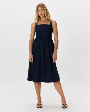 Quince 100% European Linen Fit & Flare Midi Dress - Deep Navy