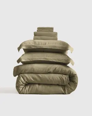 Quince European Linen Double Flange Deluxe Bedding Bundle Aloe