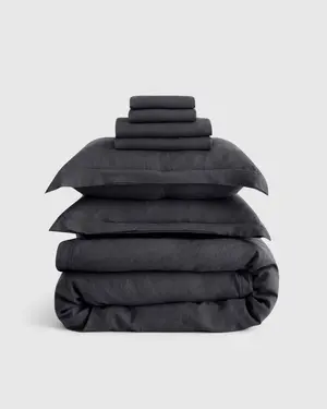 Quince European Linen Double Flange Deluxe Bedding Bundle - Charcoal
