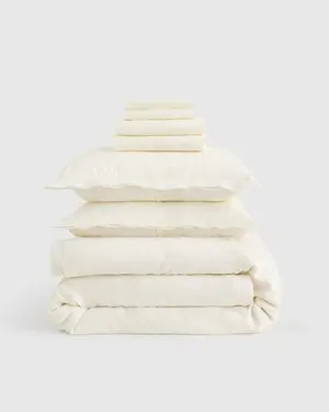 Quince European Linen Double Flange Deluxe Bedding Bundle - Ivory