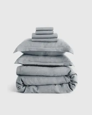 Quince European Linen Double Flange Deluxe Bedding Bundle - Mist
