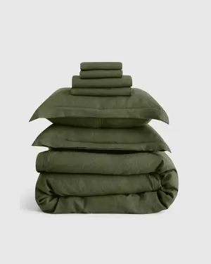 Quince European Linen Double Flange Deluxe Bedding Bundle - Pine